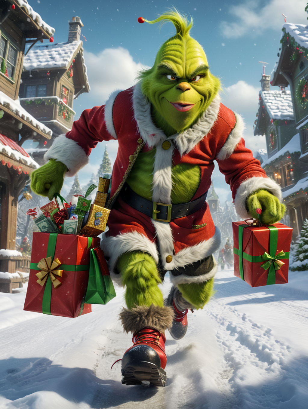 Premium Free ai Images | grinch character running with money and ...