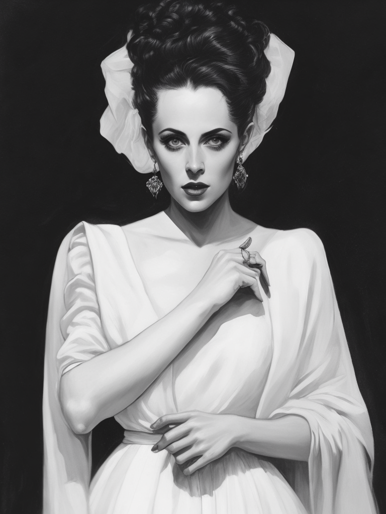 Premium Free ai Images | black and white ink line drawing illustration of elsa lanchester as the ...