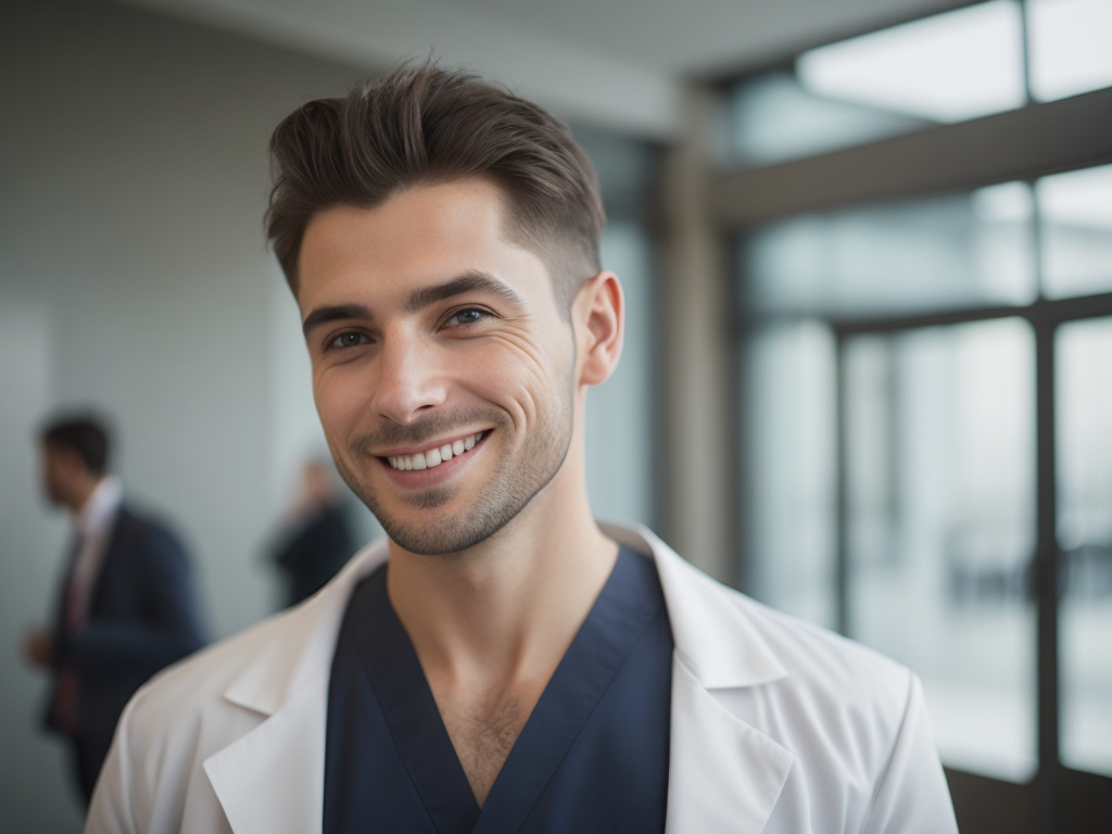 Premium Free ai Images | happy slavic doctor in hospital lobby bright ...