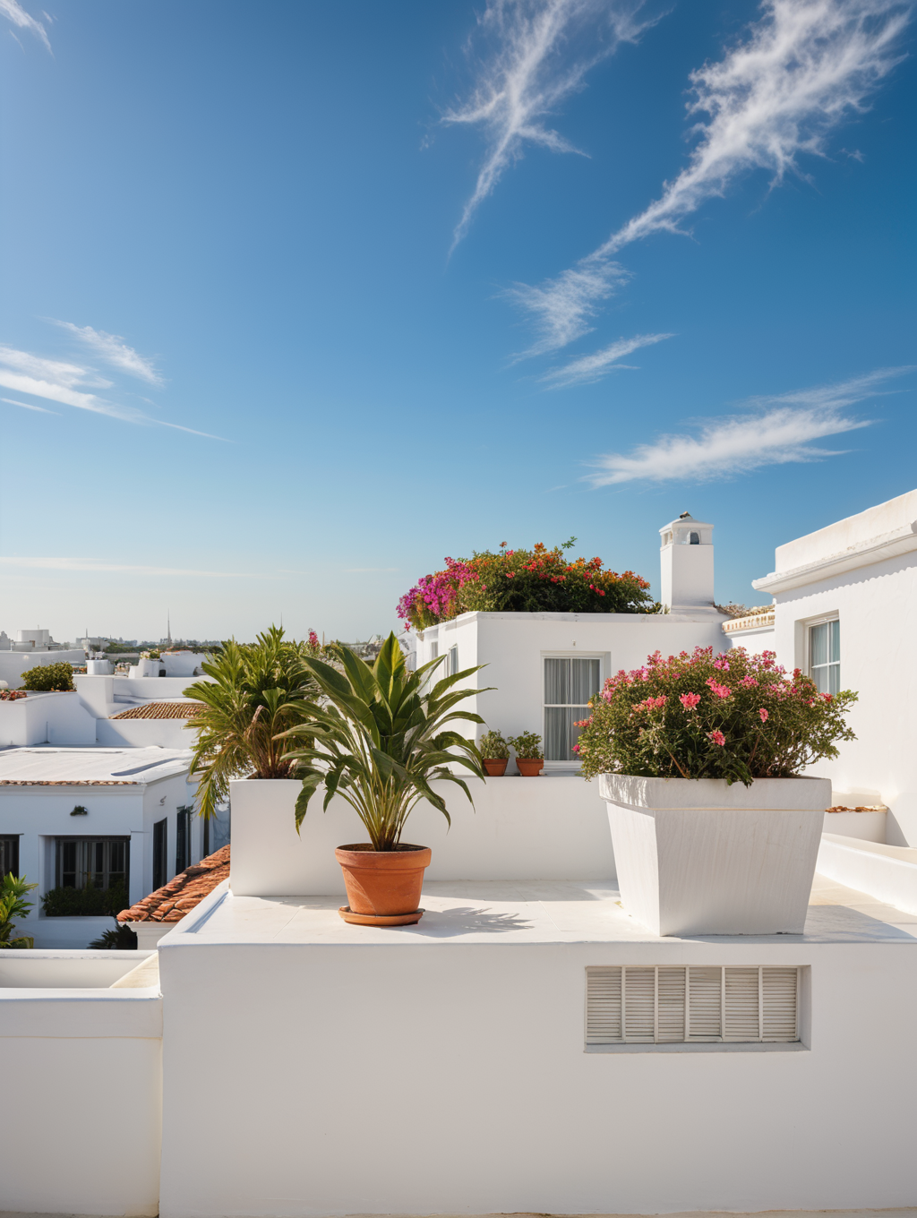 Premium Free ai Images | white rooftop with colorful plants at the ...