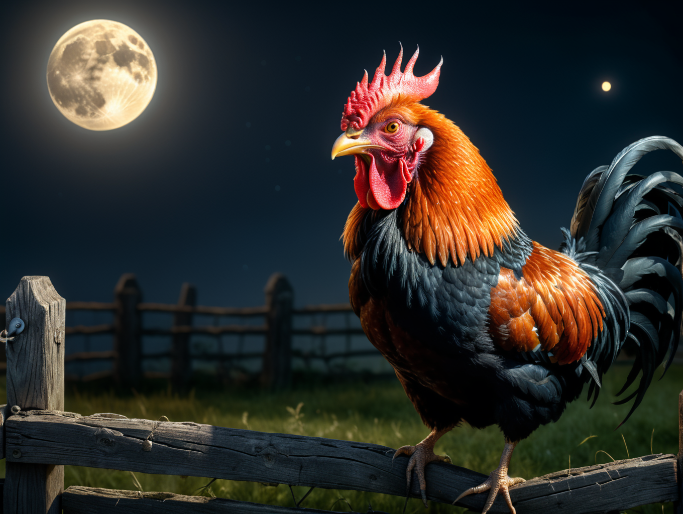 Premium Free ai Images | rooster sitting on fence in farmyard lit by ...