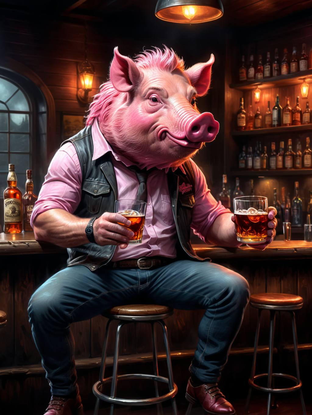 Premium Free ai Images | pink hog sitting on bar stool drinking glass ...