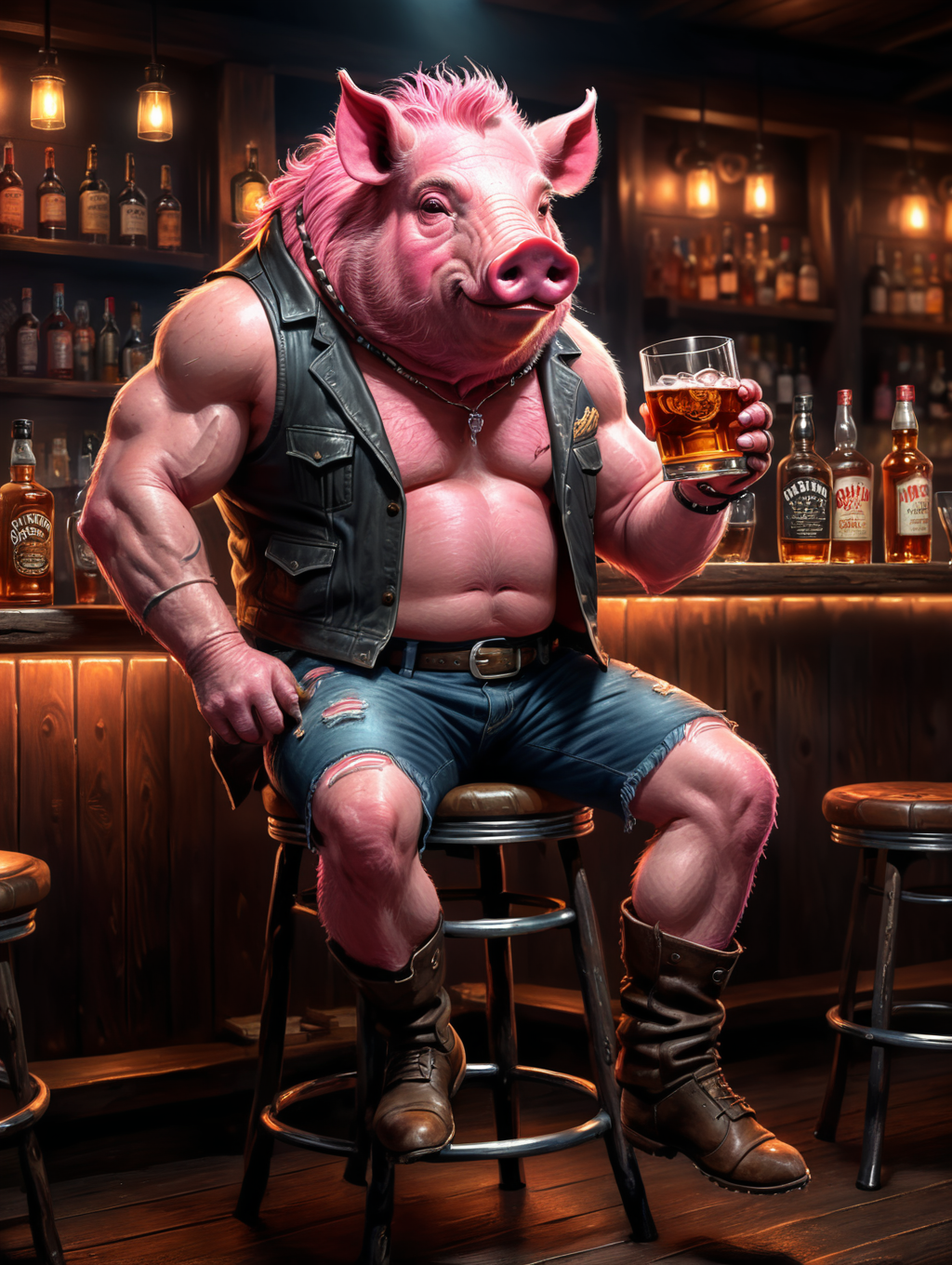 Premium Free ai Images | pink hog sitting on bar stool drinking glass ...