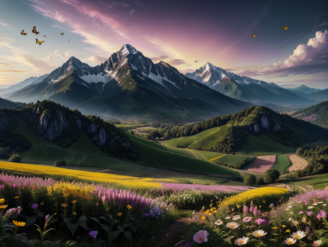 Premium Free ai Images | draw field with mountains in the background ...