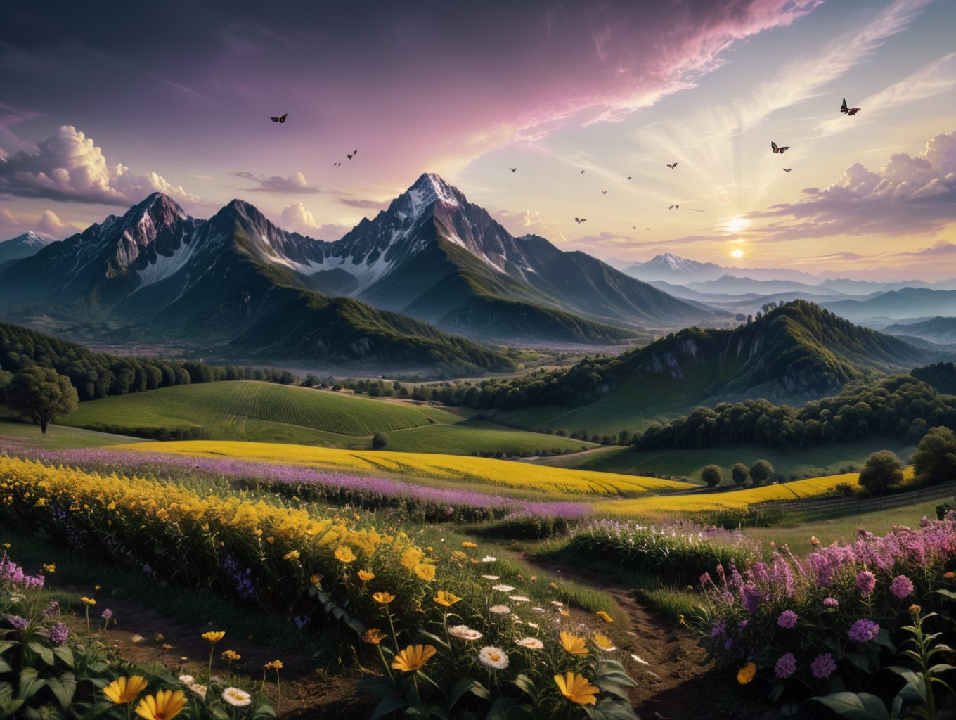 Premium Free ai Images | draw field with mountains in the background ...