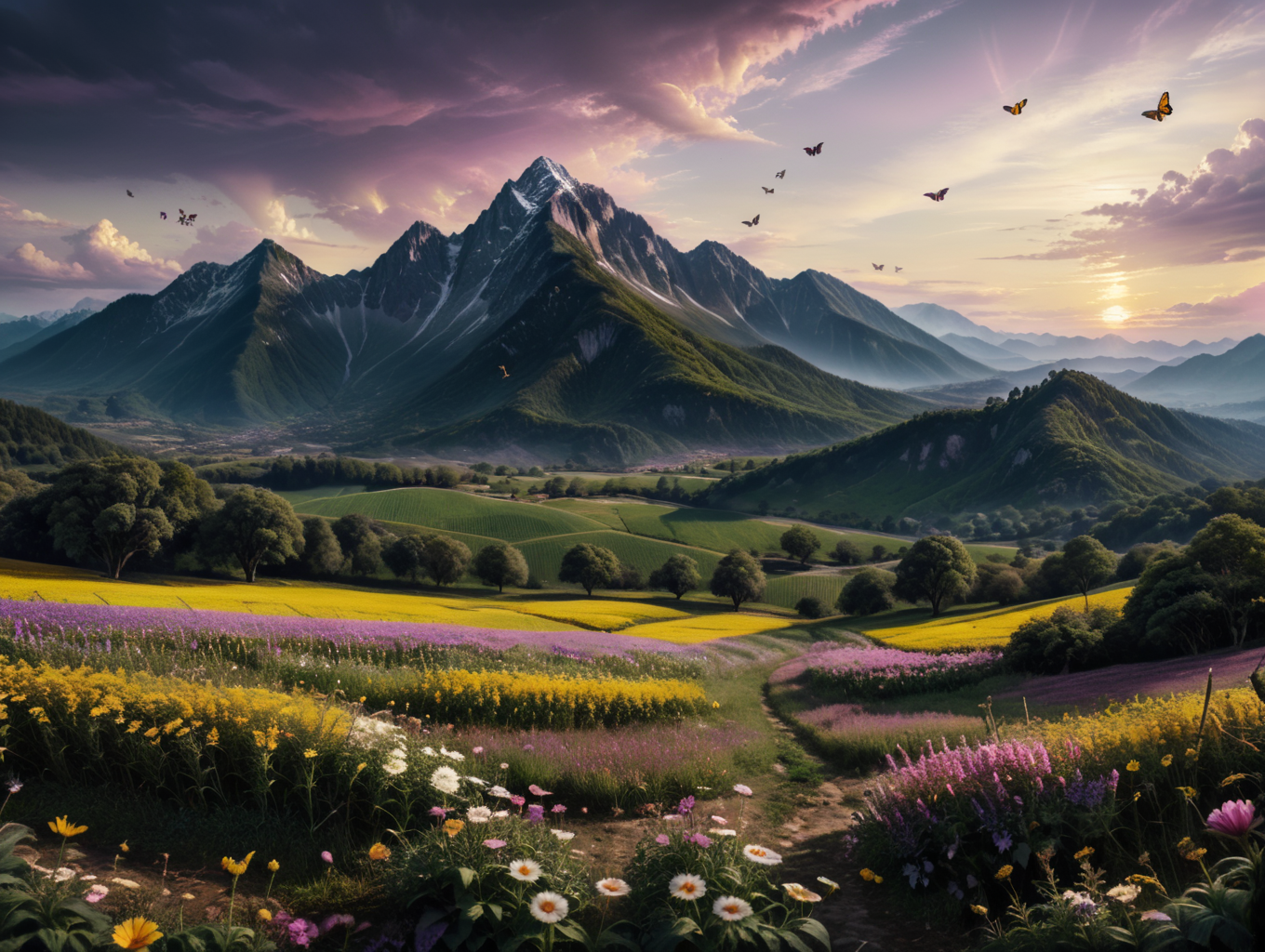 Premium Free ai Images | draw field with mountains in the background ...