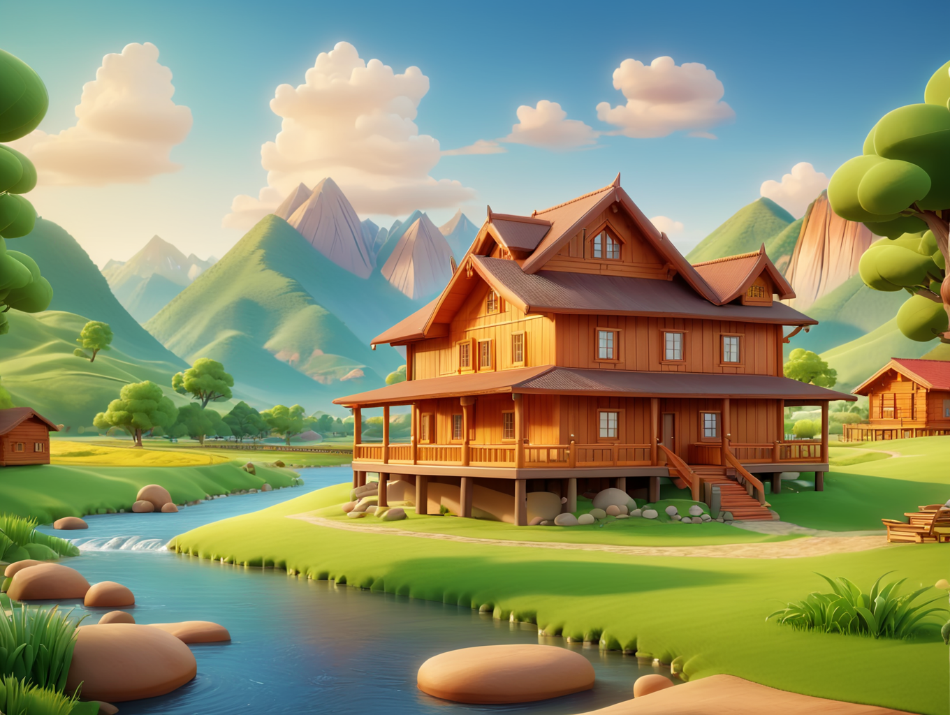 Premium Free ai Images | beautiful peaceful wooden house on landscape ...