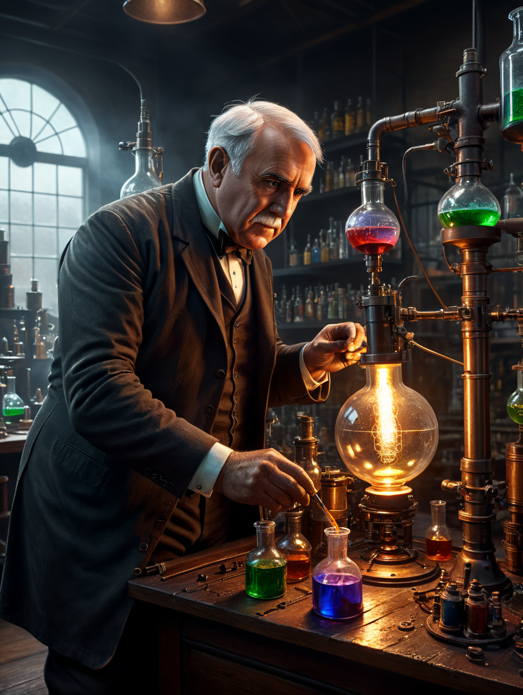 Premium Free ai Images | thomas edison in lab mixing chemicals