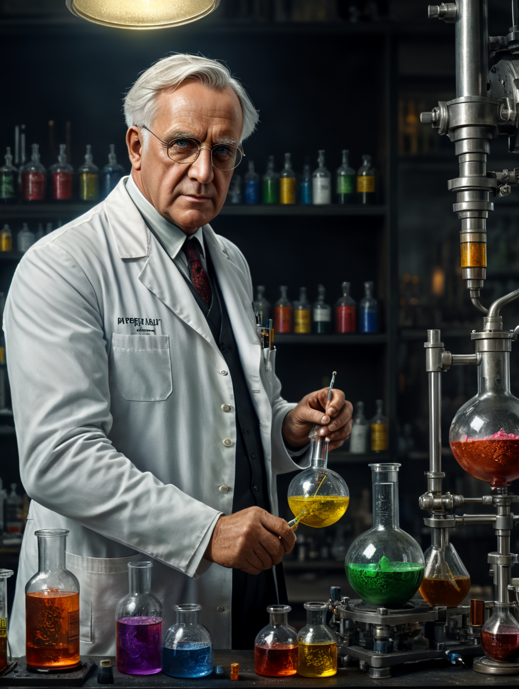 Premium Free ai Images | alexander fleming in lab mixing chemicals and ...