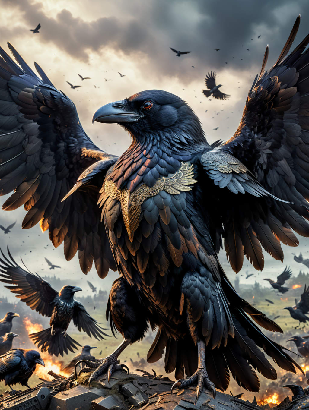 Premium Free ai Images | raven with wings expanded in battle field
