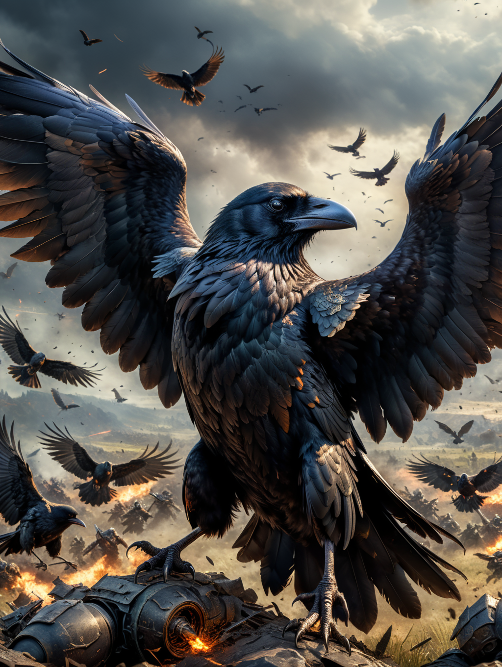 Premium Free ai Images | raven with wings expanded in battle field