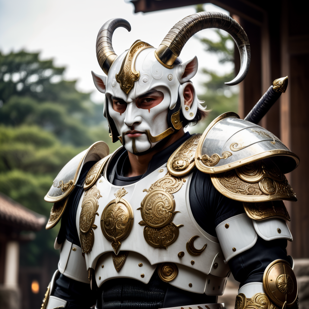 Premium Free ai Images | human with ram horns in white celestial guard samurai armor with katana