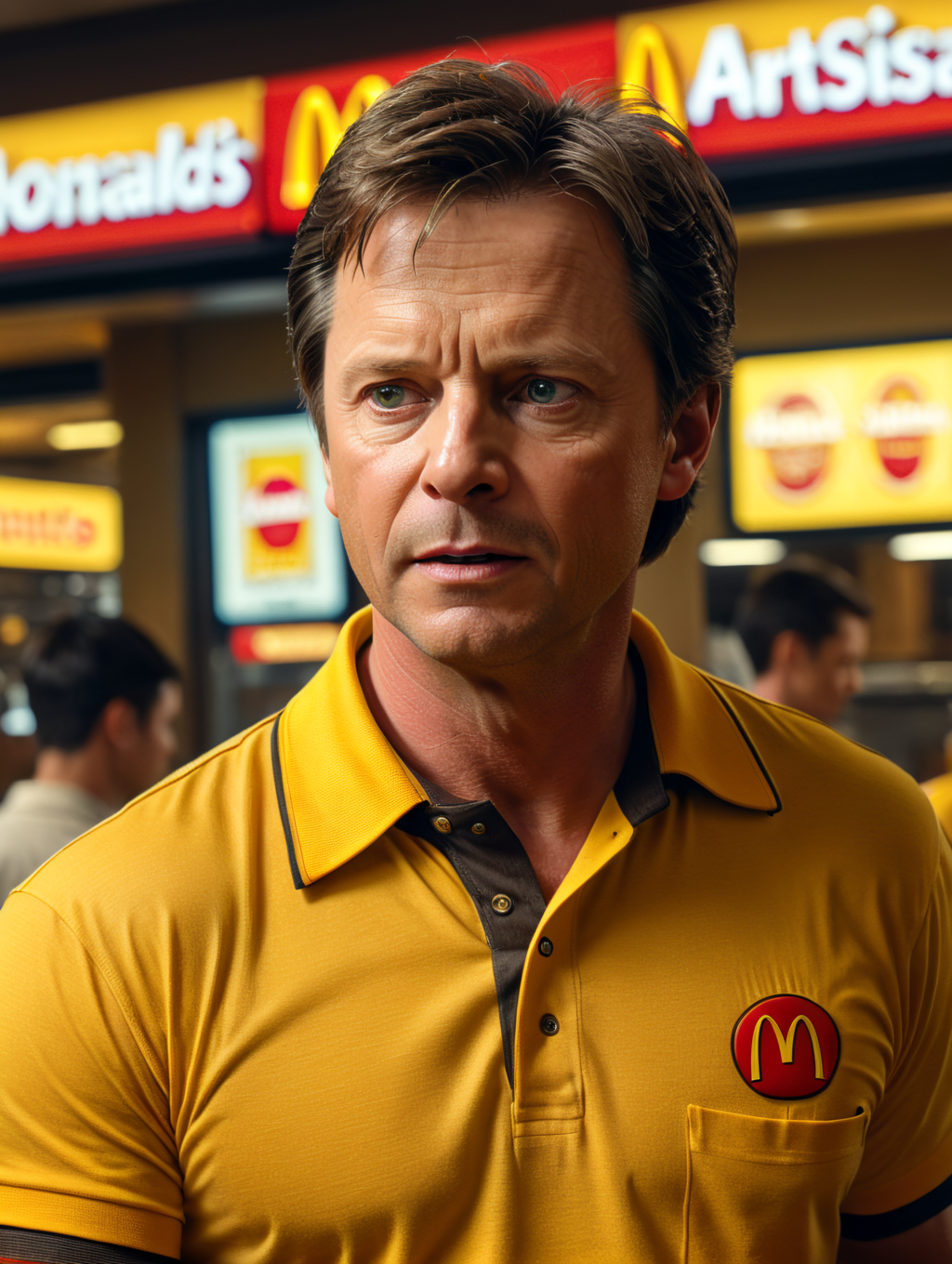 Premium Free ai Images | michael fox as mcdonalds worker totally sweaty ...