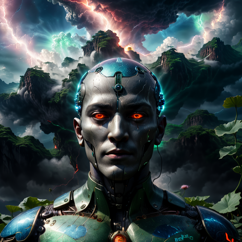 Premium Free ai Images | cyborg write aura blue skin baldness white ...