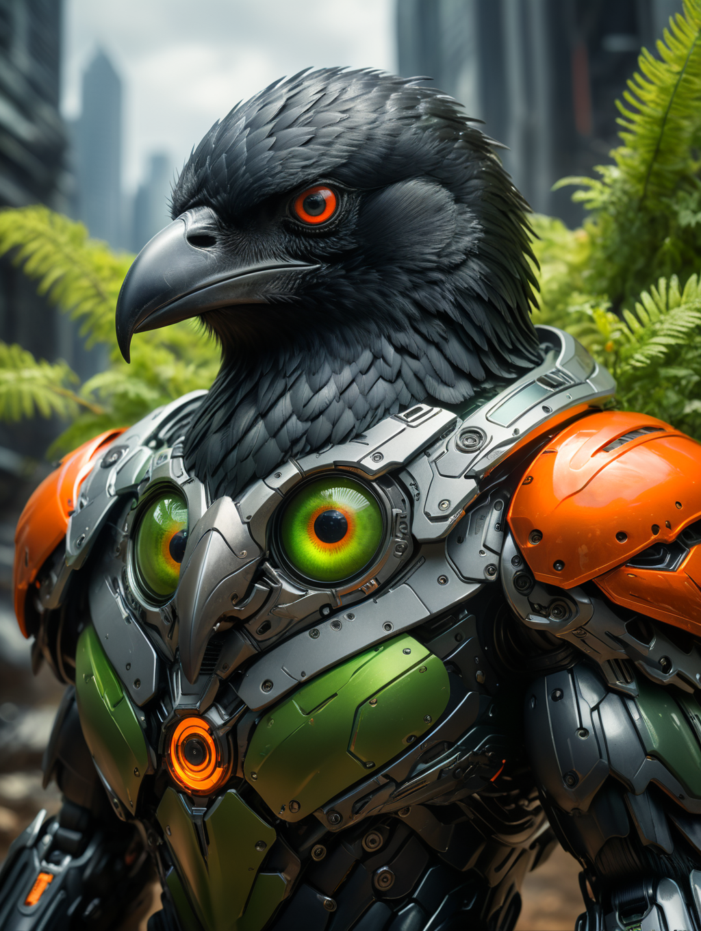 Premium Free ai Images | black cyber raven tangerine green black grey ...