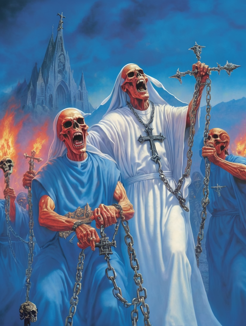 Premium Free ai Images | priest and nuns healing the dead hell skulls ...