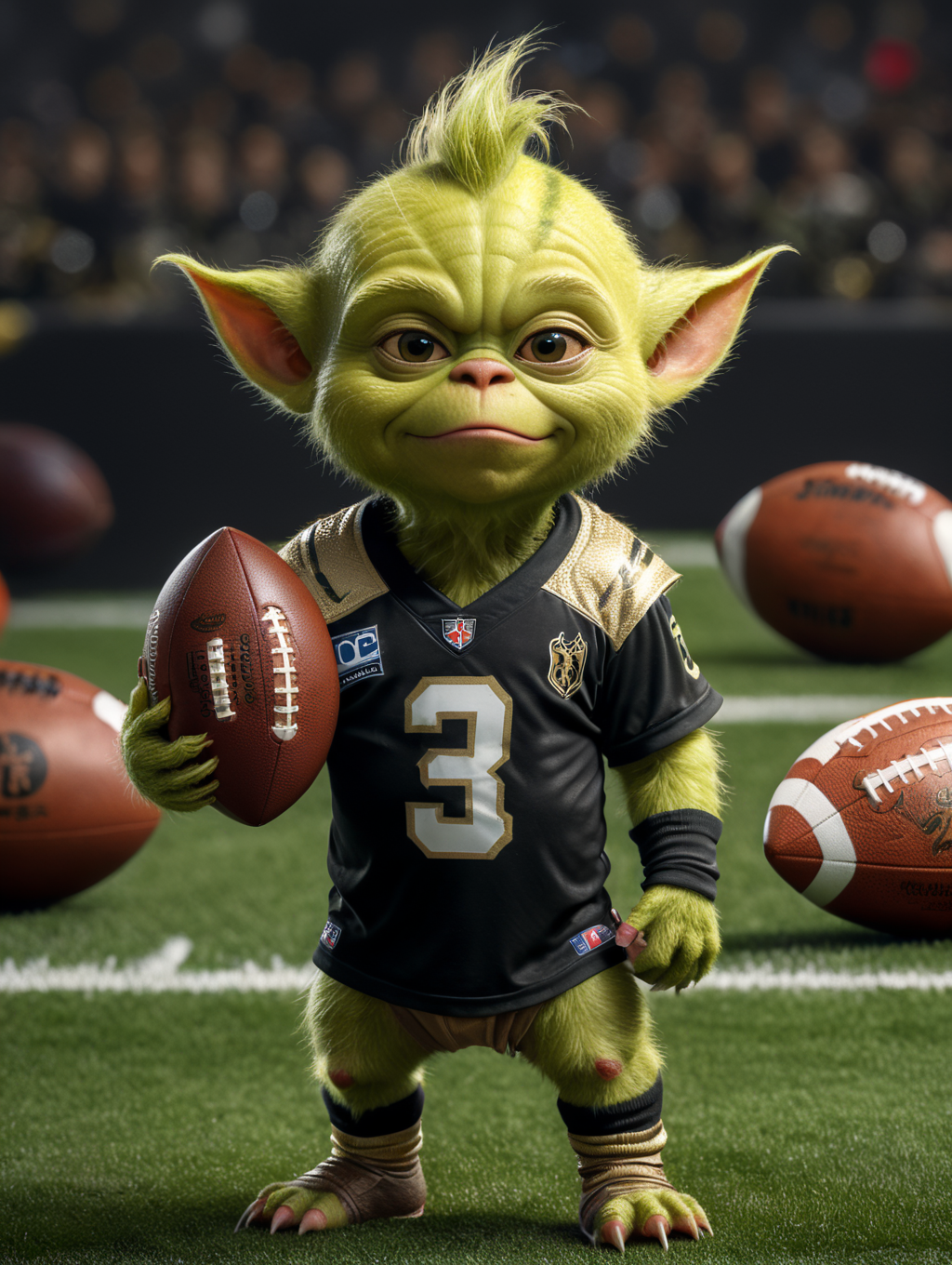 Premium Free ai Images | baby grinch wearing saints team jersey holding ...