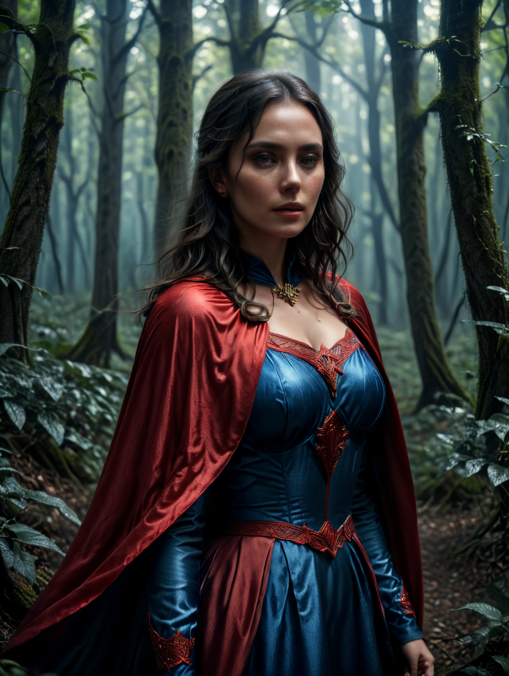 Premium Free ai Images | woman in red cape and blue dress in forest ...