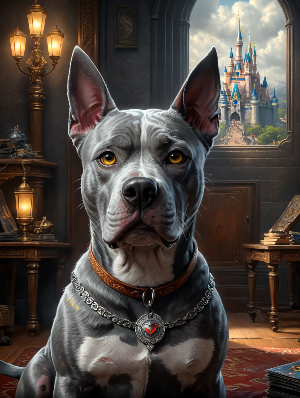 Premium Free ai Images | grey amstaff in disney pixar style poster with ...
