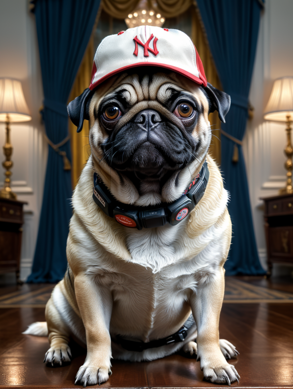Premium Free ai Images | pug dog wearing baseball cap and camera is ...
