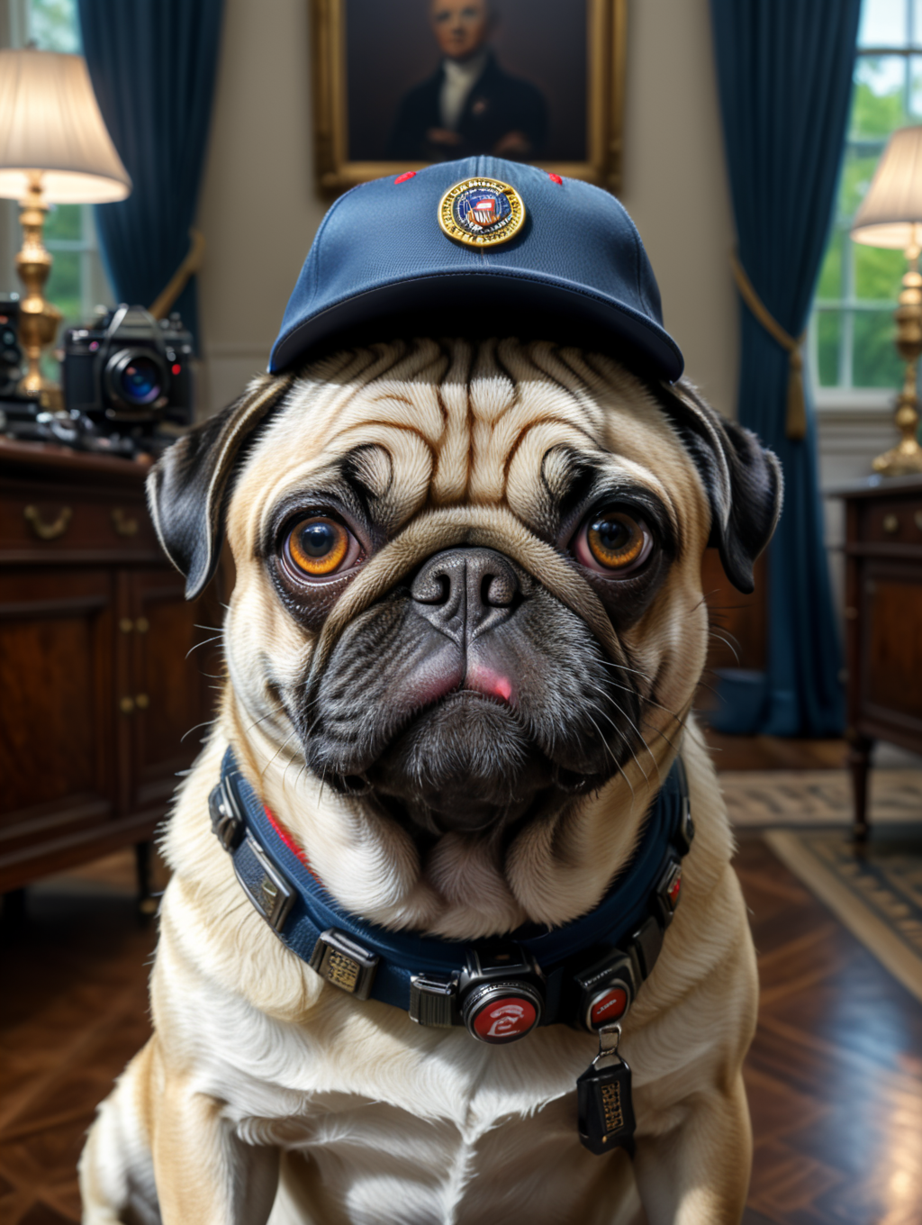 Premium Free ai Images | pug dog wearing baseball cap and camera is ...