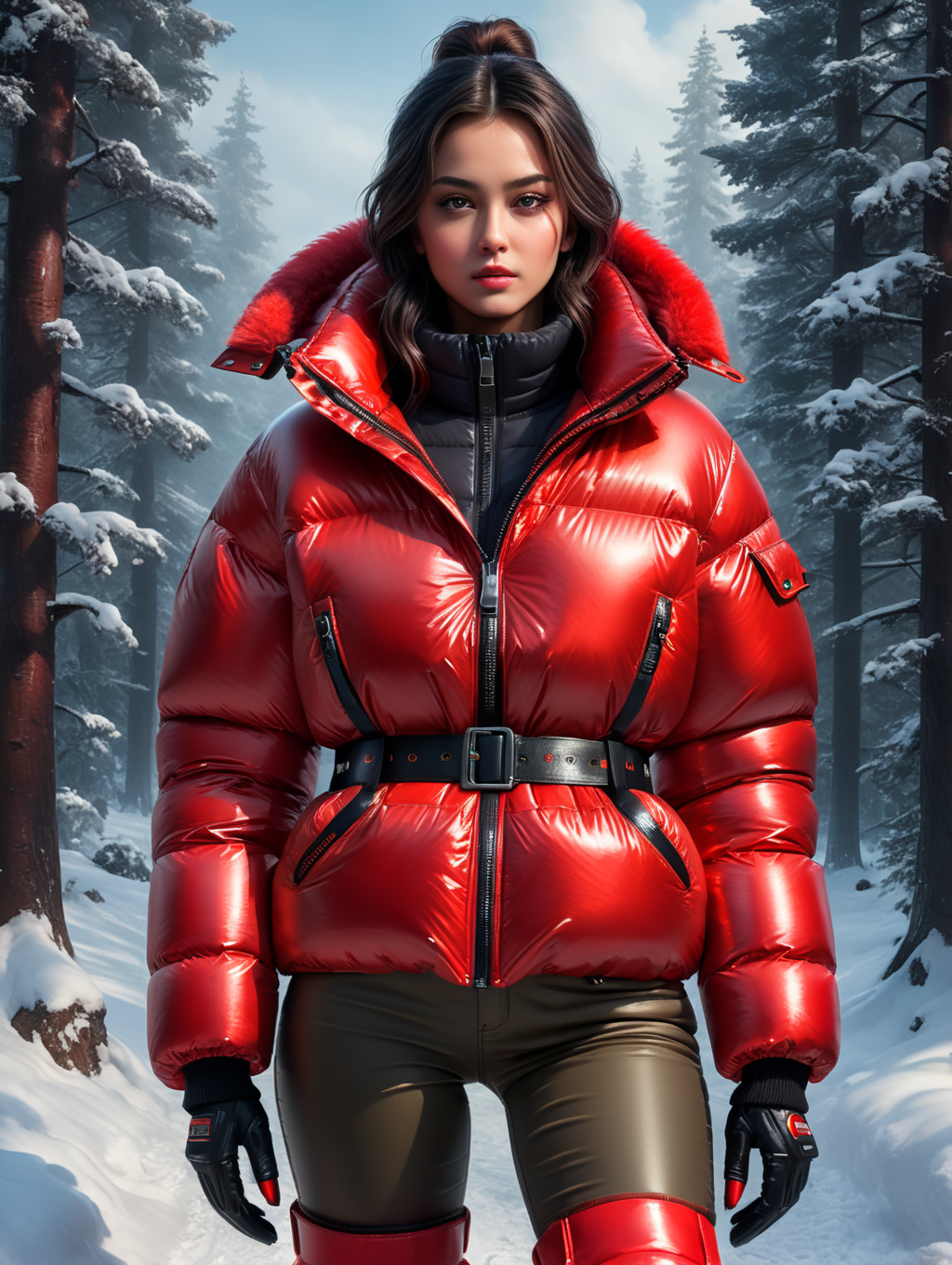 Premium Free ai Images | full body girl in red glossy puffer jacket ...
