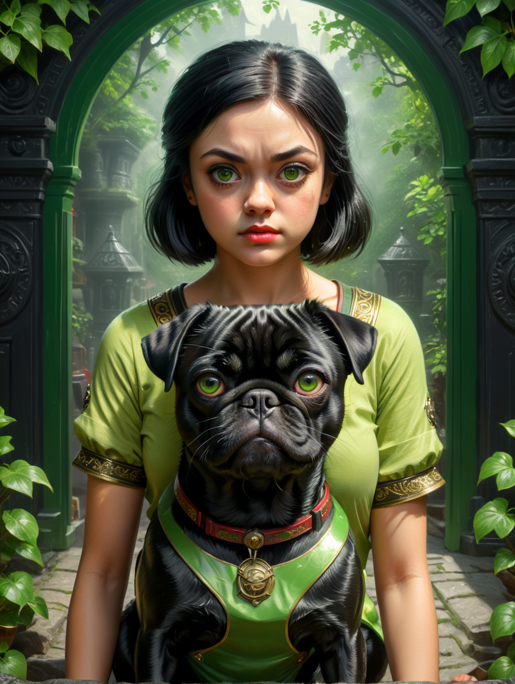 Premium Free ai Images | mops devocka cernymi volosami zelenymi glazami kak mulʹtike