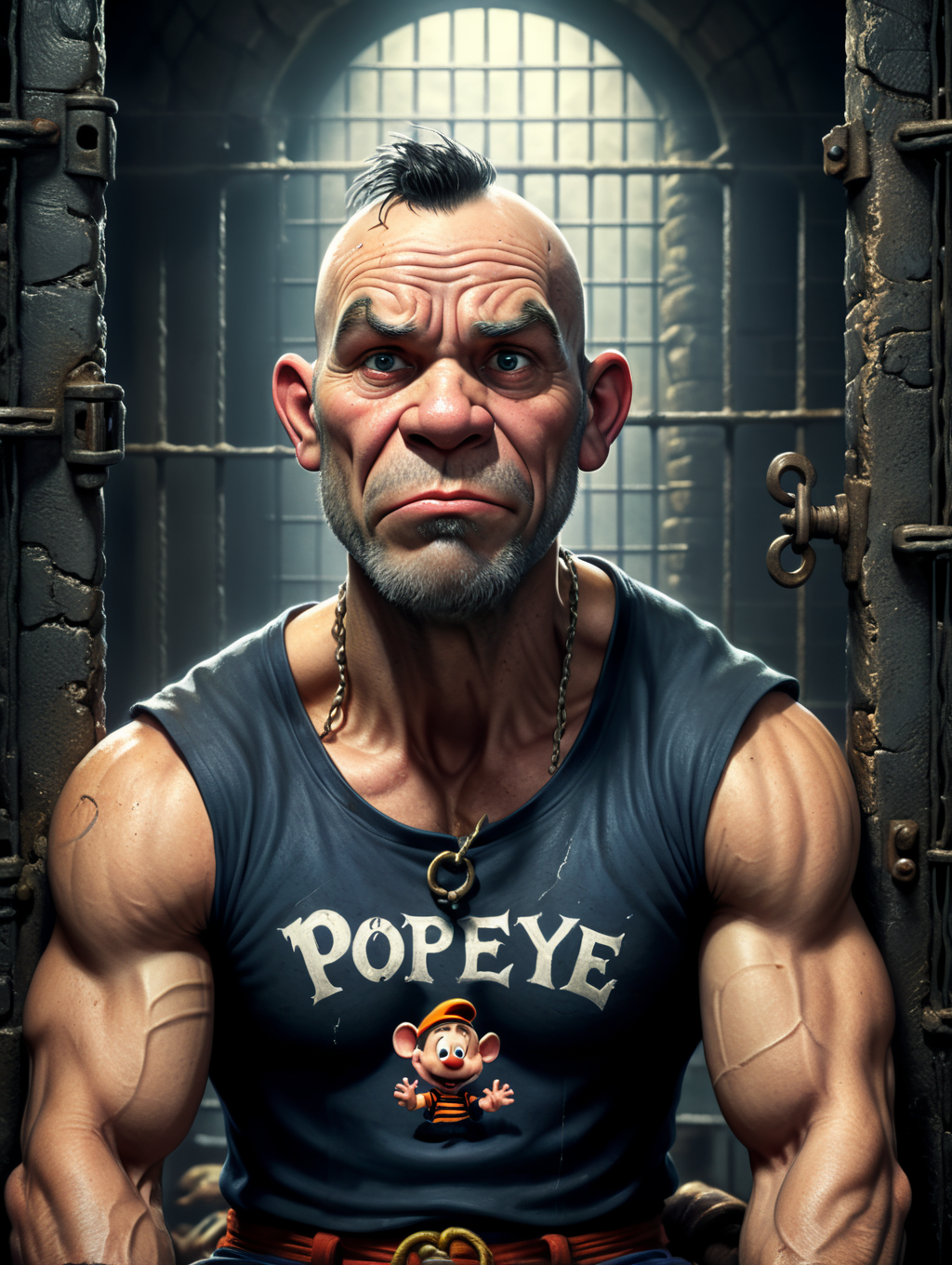 Premium Free ai Images | sad man in jail with popeye shirt disney pixar ...