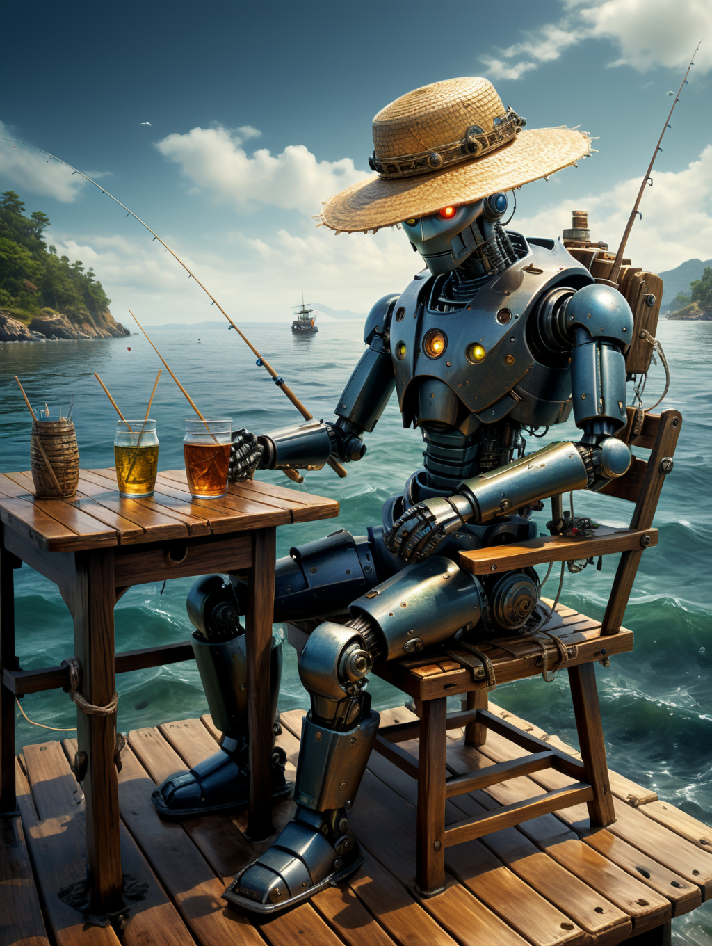 Premium Free ai Images | android robot fishing on the sea sitting on ...
