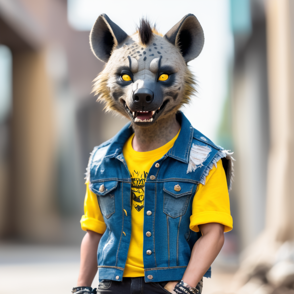 Premium Free ai Images | furry hyena with yellow eyes wearing cutoff ...