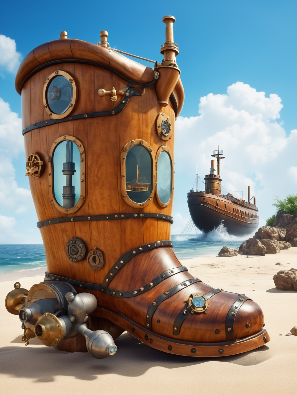 Premium Free ai Images | giants boot modified into wooden submarine ...