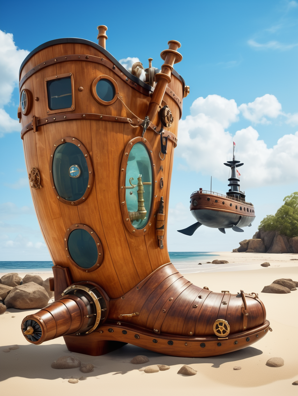 Premium Free ai Images | giants boot modified into wooden submarine ...
