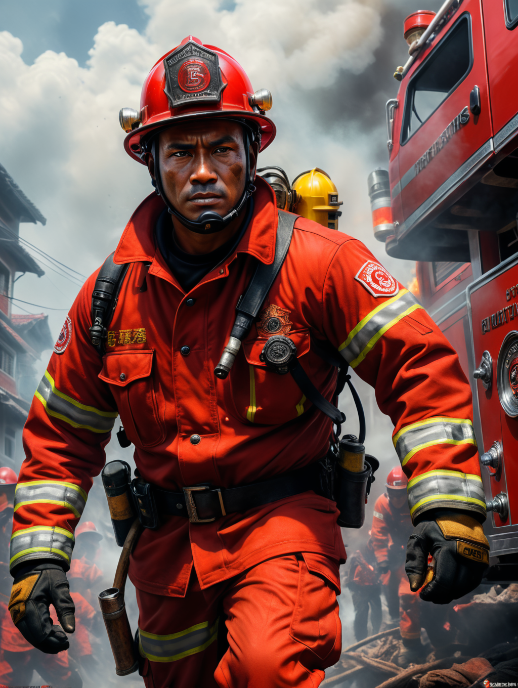Premium Free ai Images | firefighter red clothes low angle indonesian human