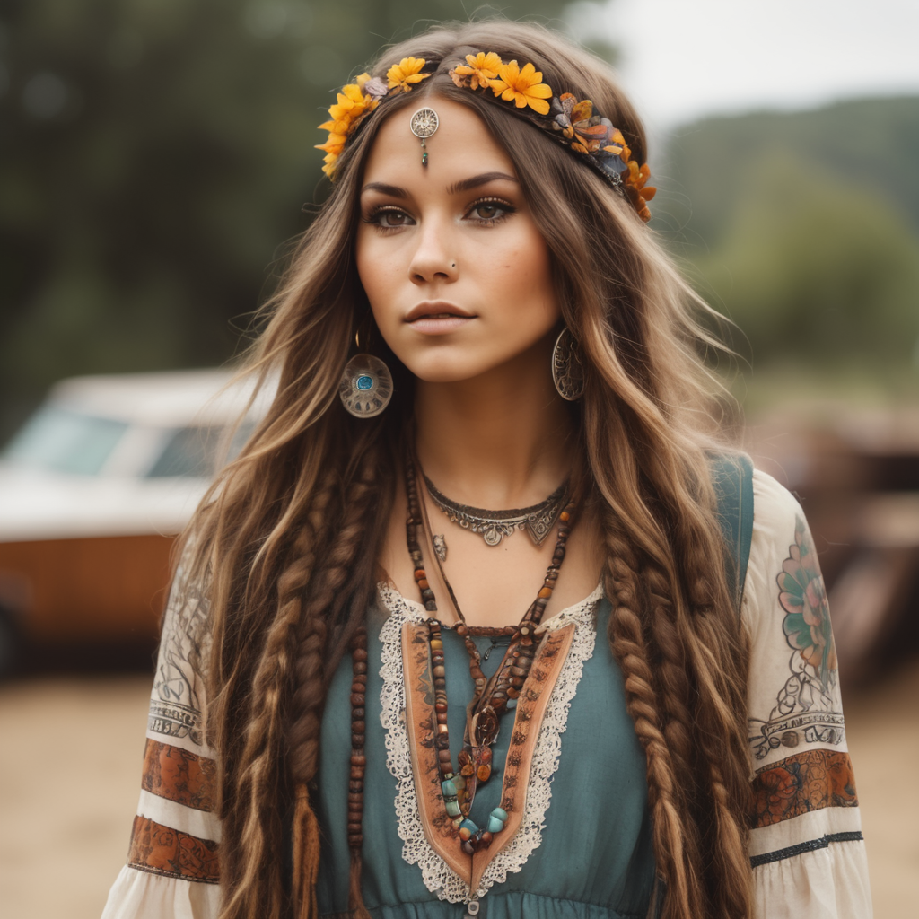 Premium Free ai Images | make hippie girl with brown long hair her left ...