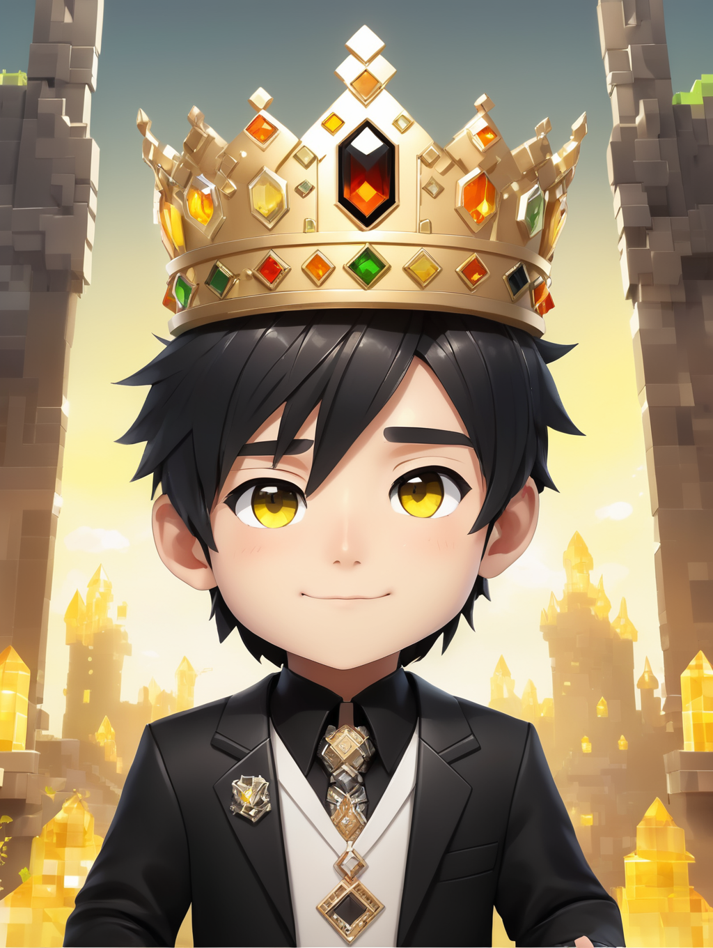 Premium Free ai Images | cute anime boy with crown black suit minecraft ...