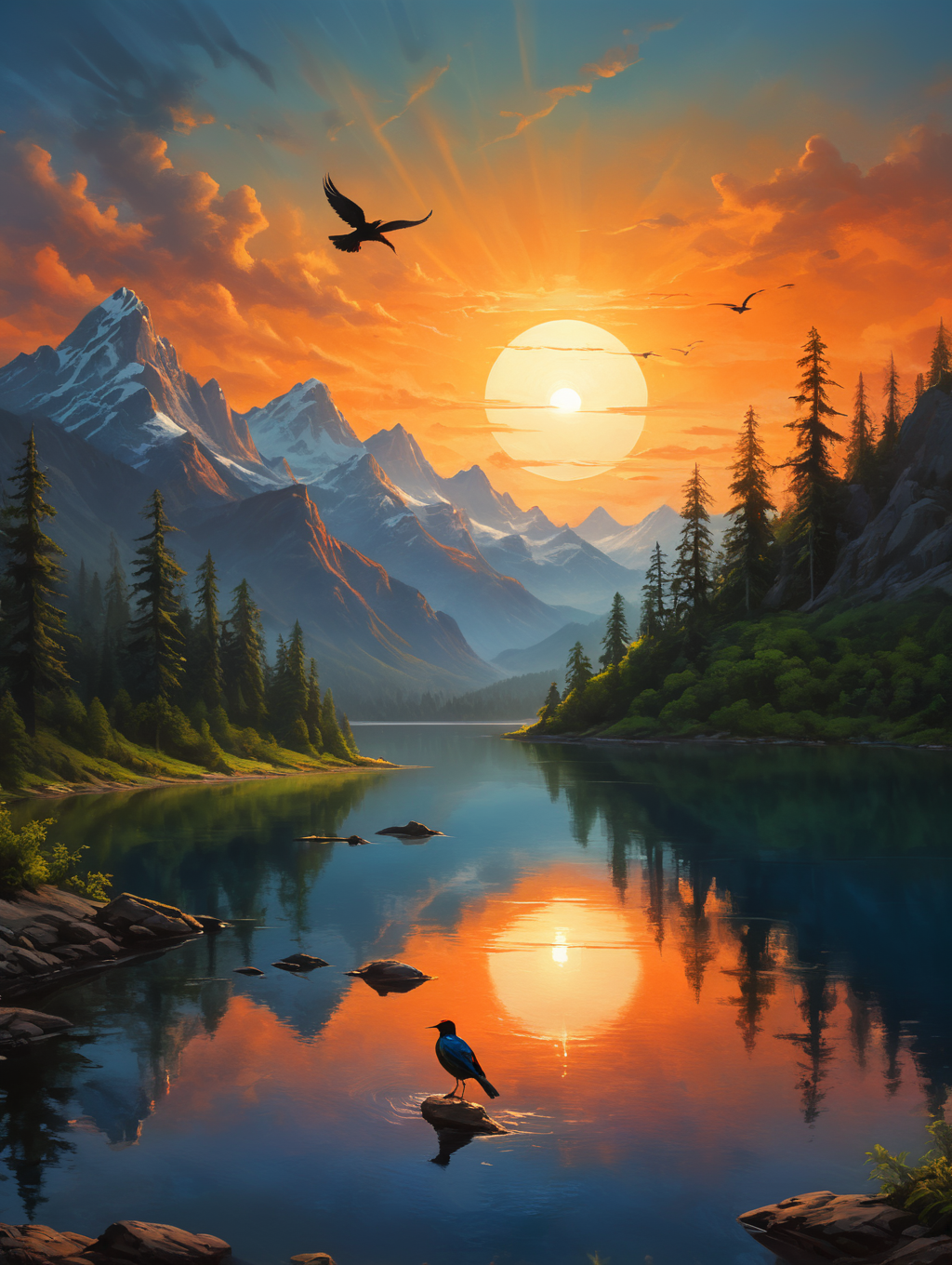 Premium Free ai Images | sunrise over mountain range lake trees blues ...