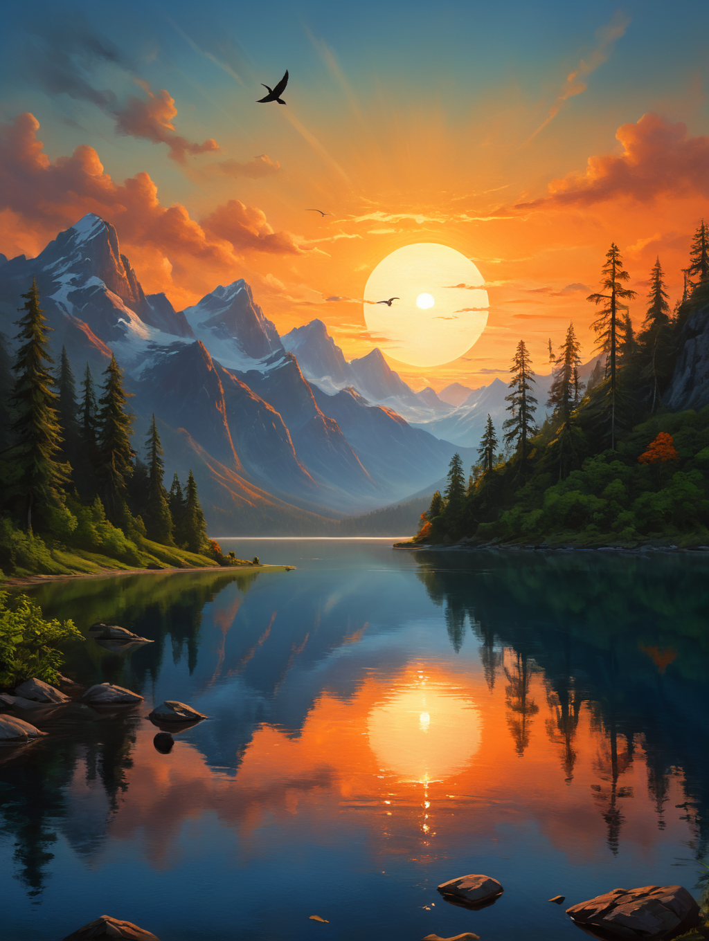 Premium Free ai Images | sunrise over mountain range lake trees blues ...