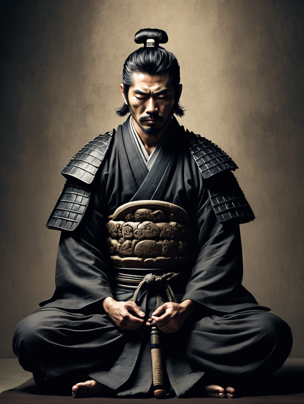 Premium Free ai Images | samurai man sitting and meditating in darkness ...