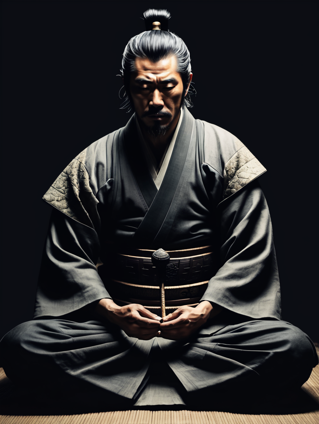 Premium Free ai Images | samurai man sitting and meditating in darkness ...