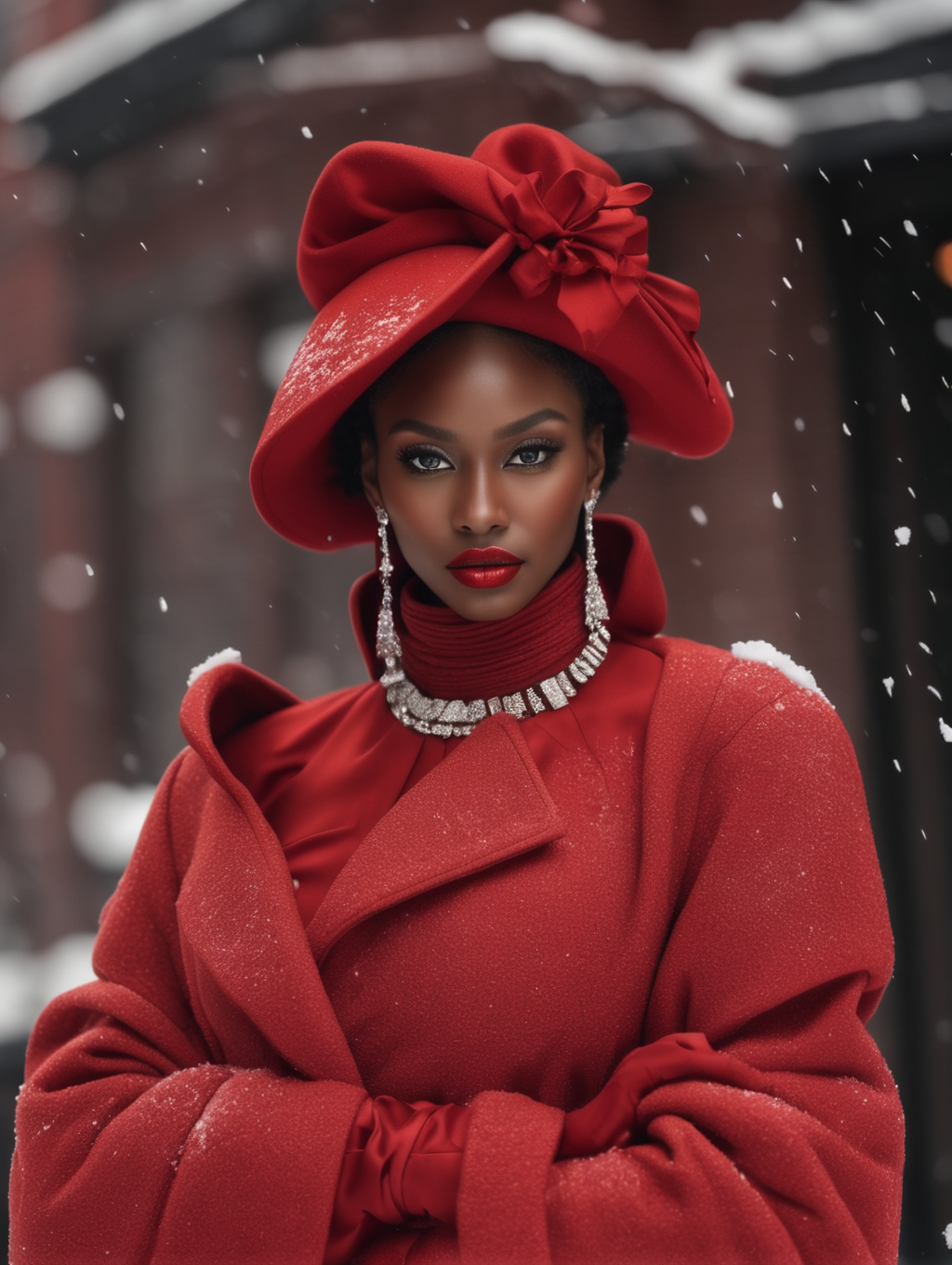 Premium Free ai Images | dark skin model wearing red designer outfit in ...