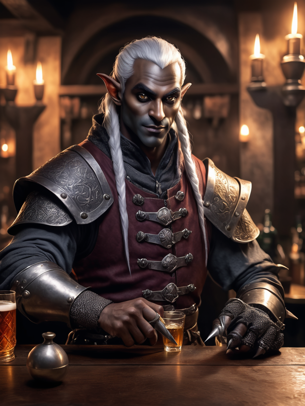 Premium Free ai Images | dark elf bartender inside pub wearing medieval ...