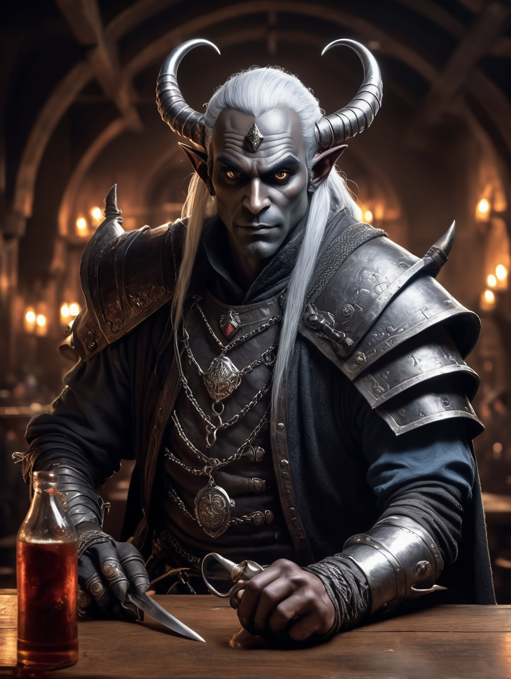 Premium Free ai Images | dark elf bartender inside pub wearing medieval ...