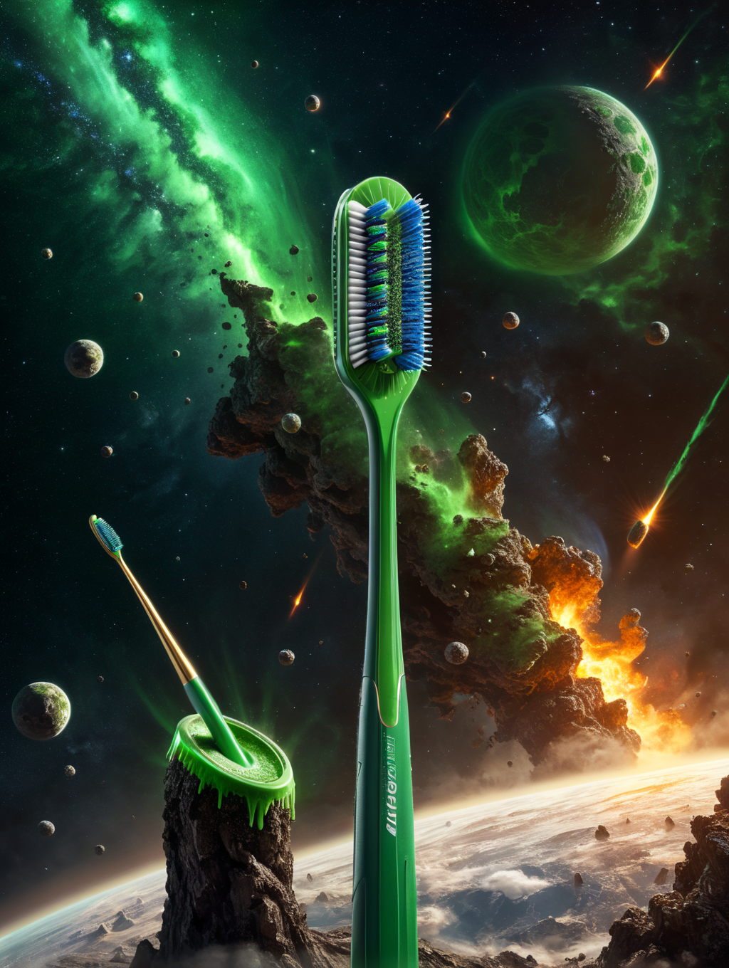 Premium Free ai Images | want photo of bright green toothbrush flying in space with meteor