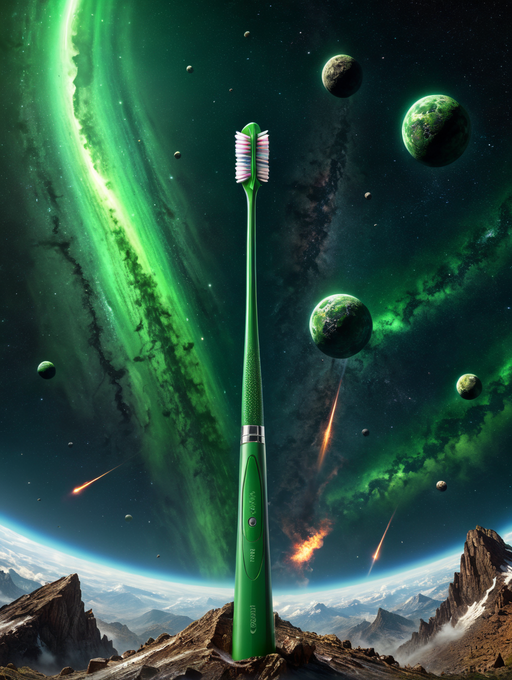 Premium Free ai Images | want photo of bright green toothbrush flying in space with meteor