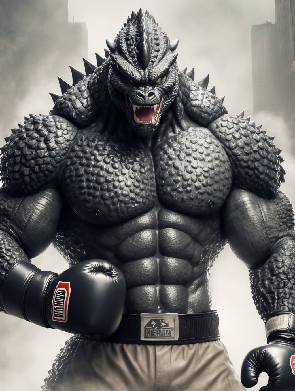 Premium Free ai Images | godzilla with abs sweating wearing boxing gloves