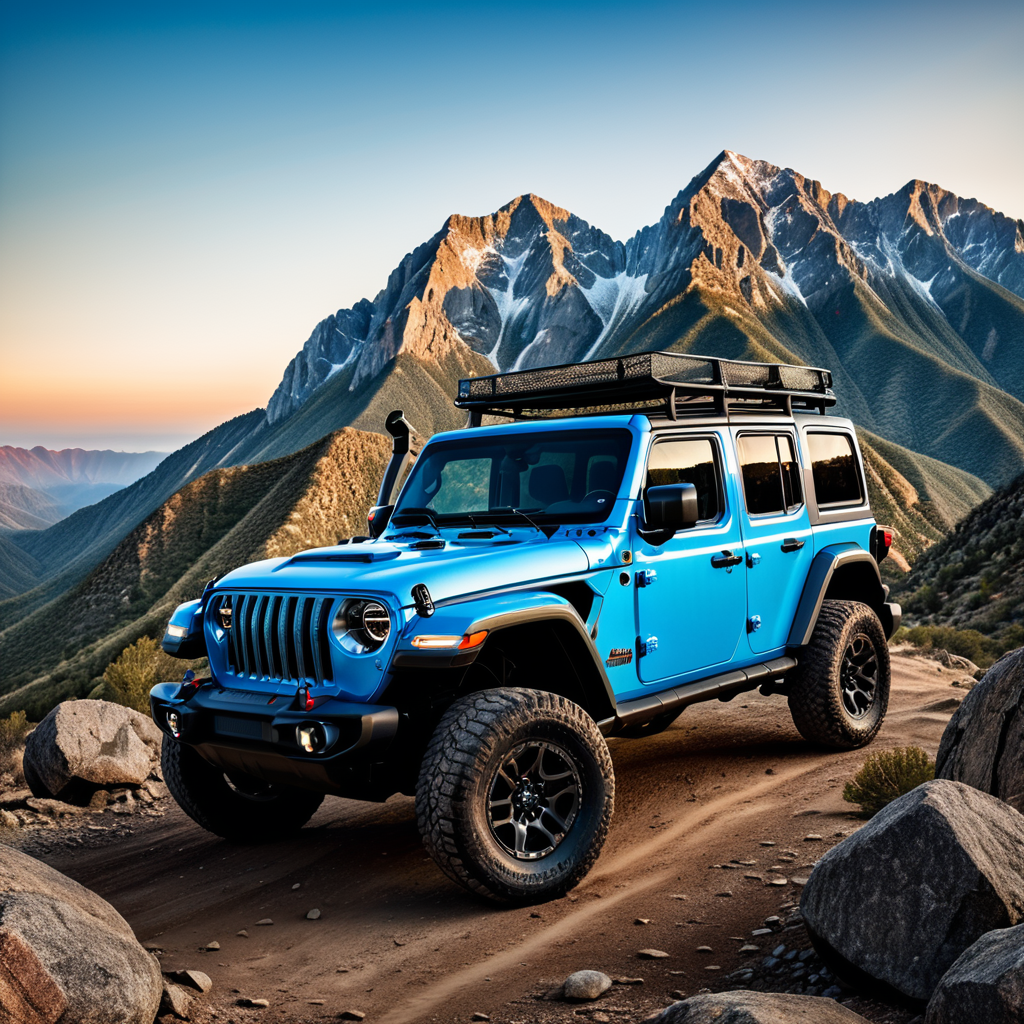 Premium Free ai Images | sky blue jeep wrangler jl climbing mountain in ...