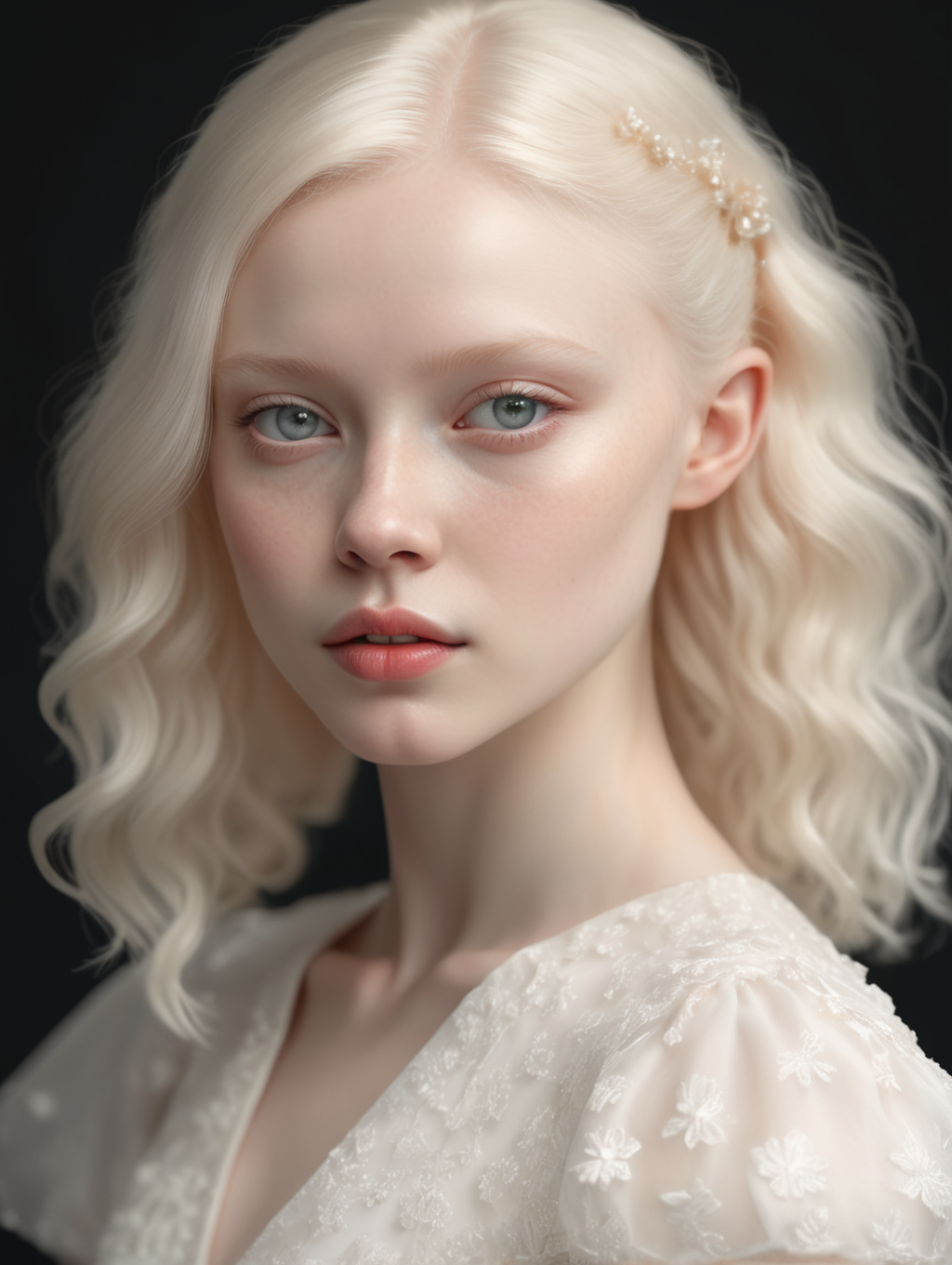 Premium Free ai Images | devuska alʹbinos belom platʹstoit na cernom ...