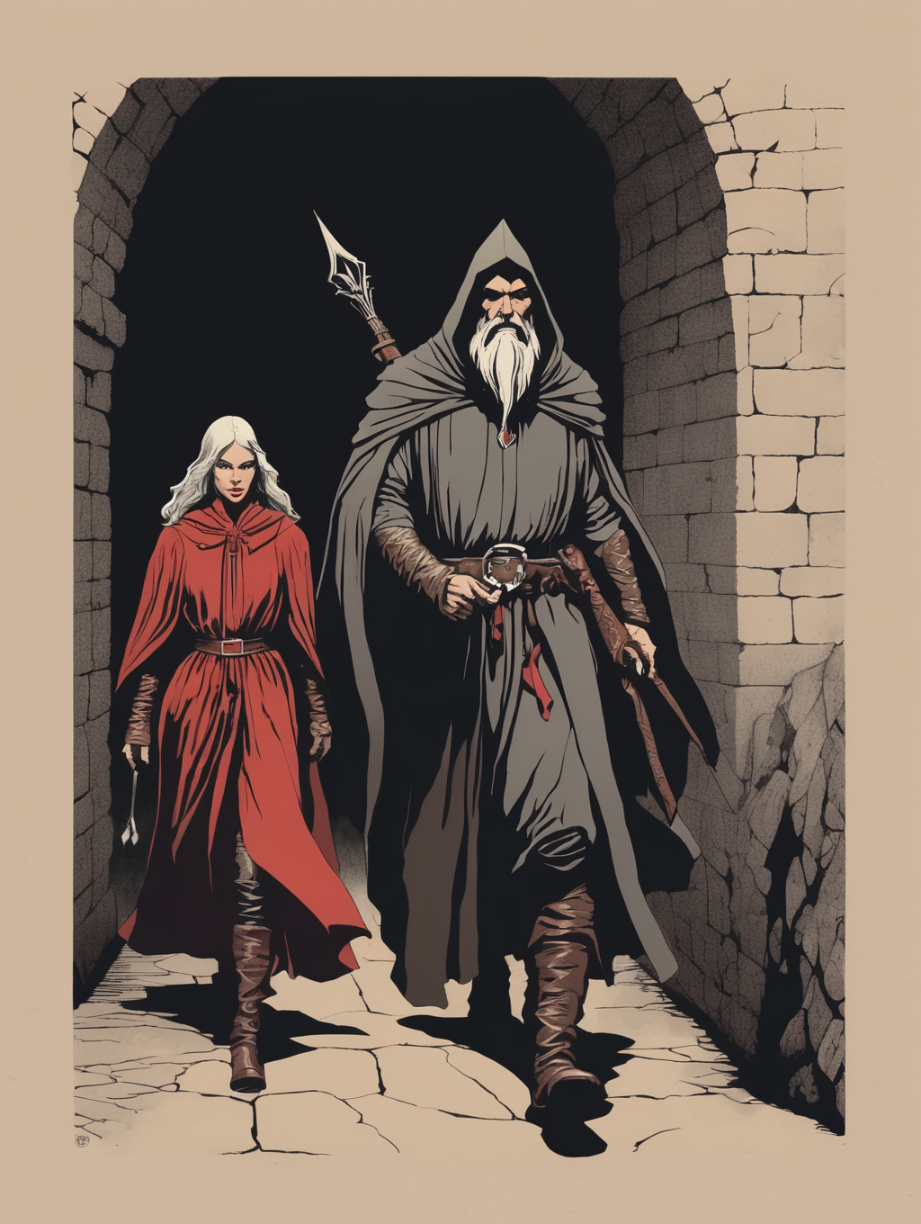 Premium Free ai Images | wizard and rouge walking int dark dungeun ...