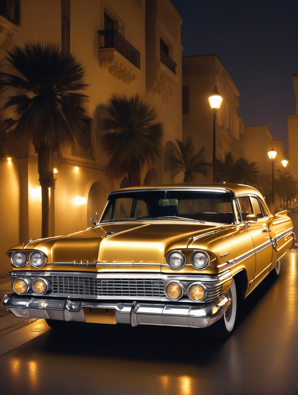 Premium Free ai Images | lowrider car golden color on by night
