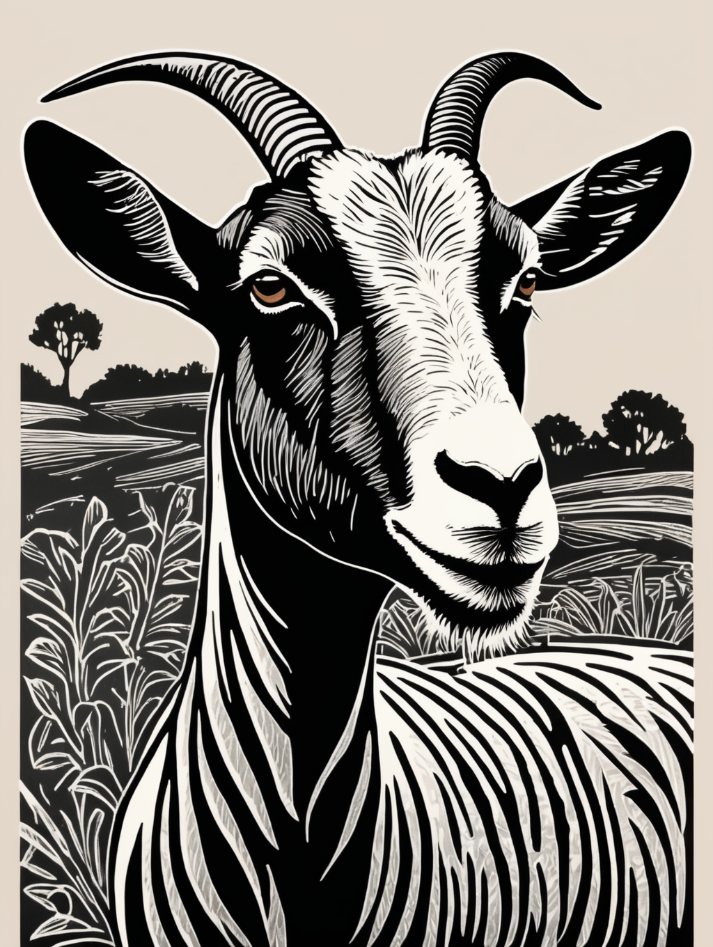 Premium Free ai Images | black and white linocut goat thick bold dark lines